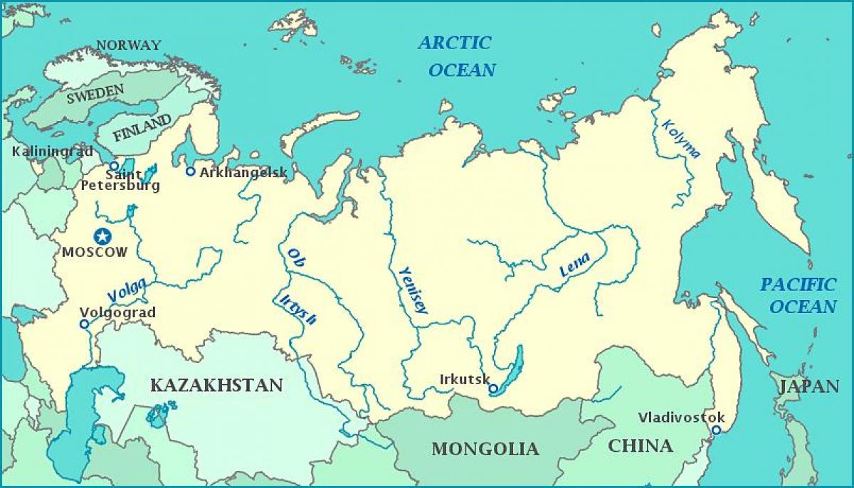 Los ríos de Rusia mapa - Mapa de Rusia ríos (este de Europa - Europa)